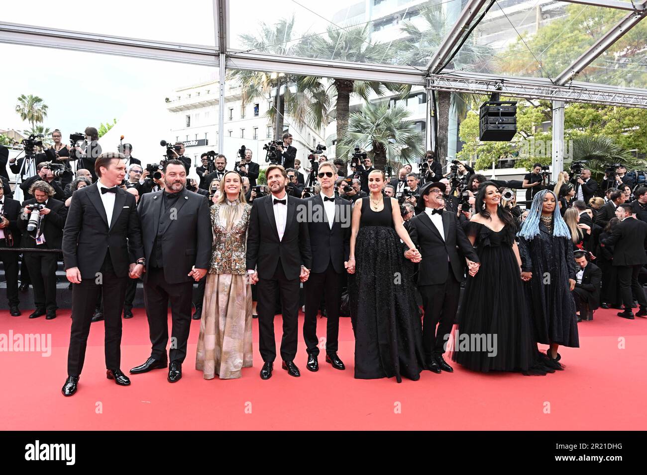 Cannes, France. 16th May, 2023. Members of the Jury Paul Dano, Denis Ménochet, Brie Larson ...