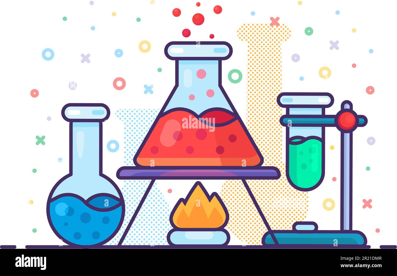 Chemistry liquid flask on burning fire icon vector. Laboratory medical ...