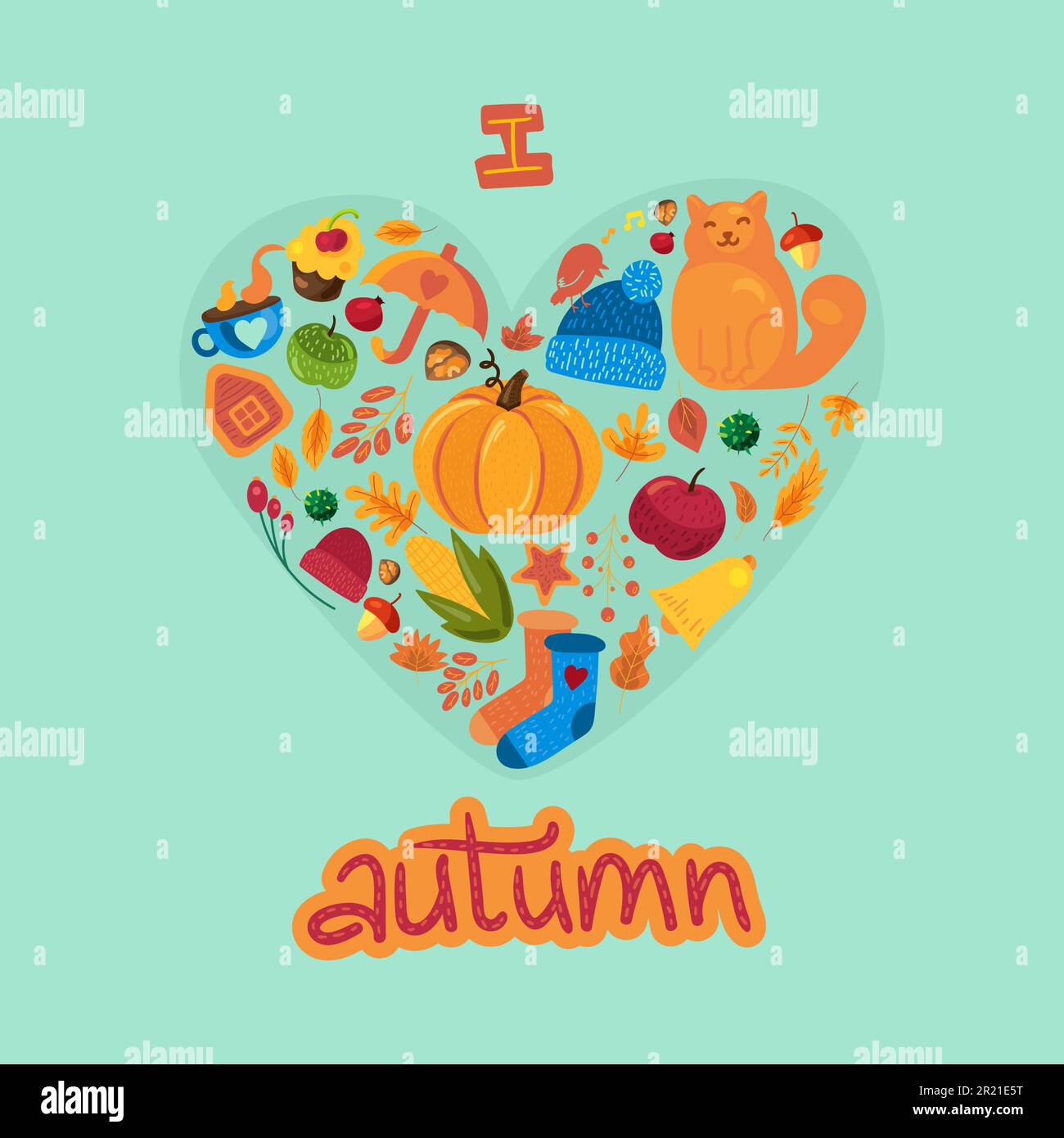 Cartoon autumn lettering with fall symbols on white. I love autumn ...