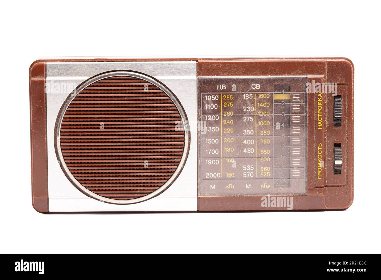 old transistor radio isolated on white. English translation: volume ...