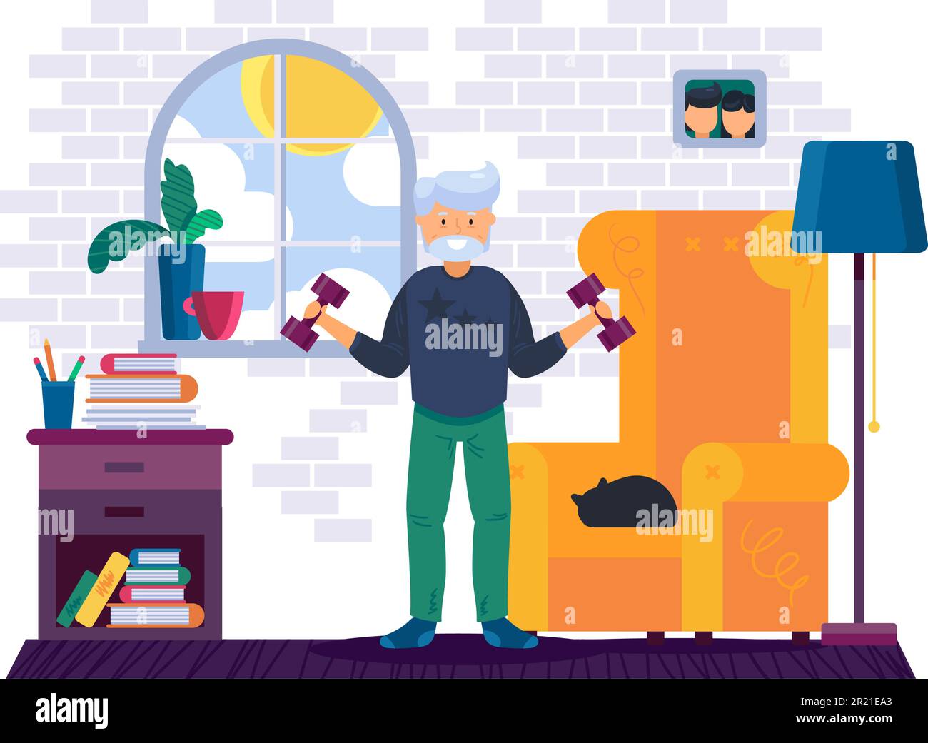 Grandfather workout with dumbbells at home vector. Active grandpa make ...