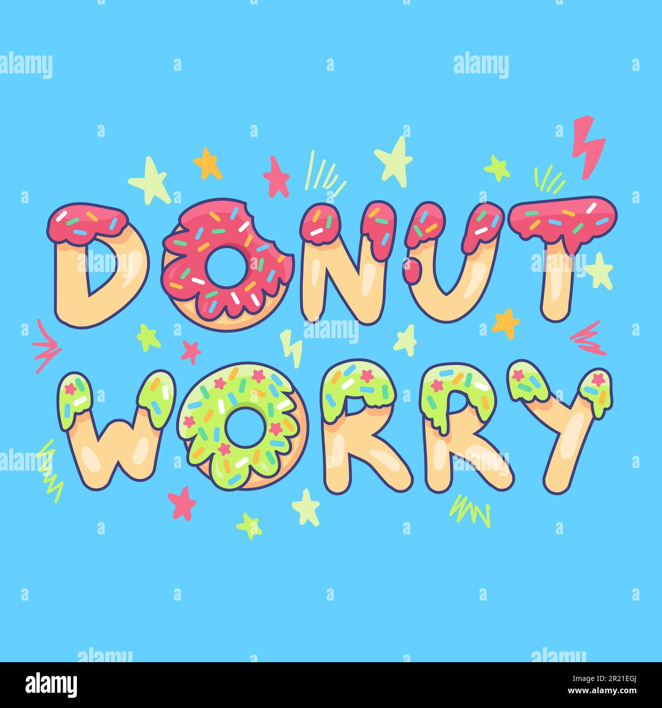 Donut worry be happy cute lettering print vector. Motivational phrase ...