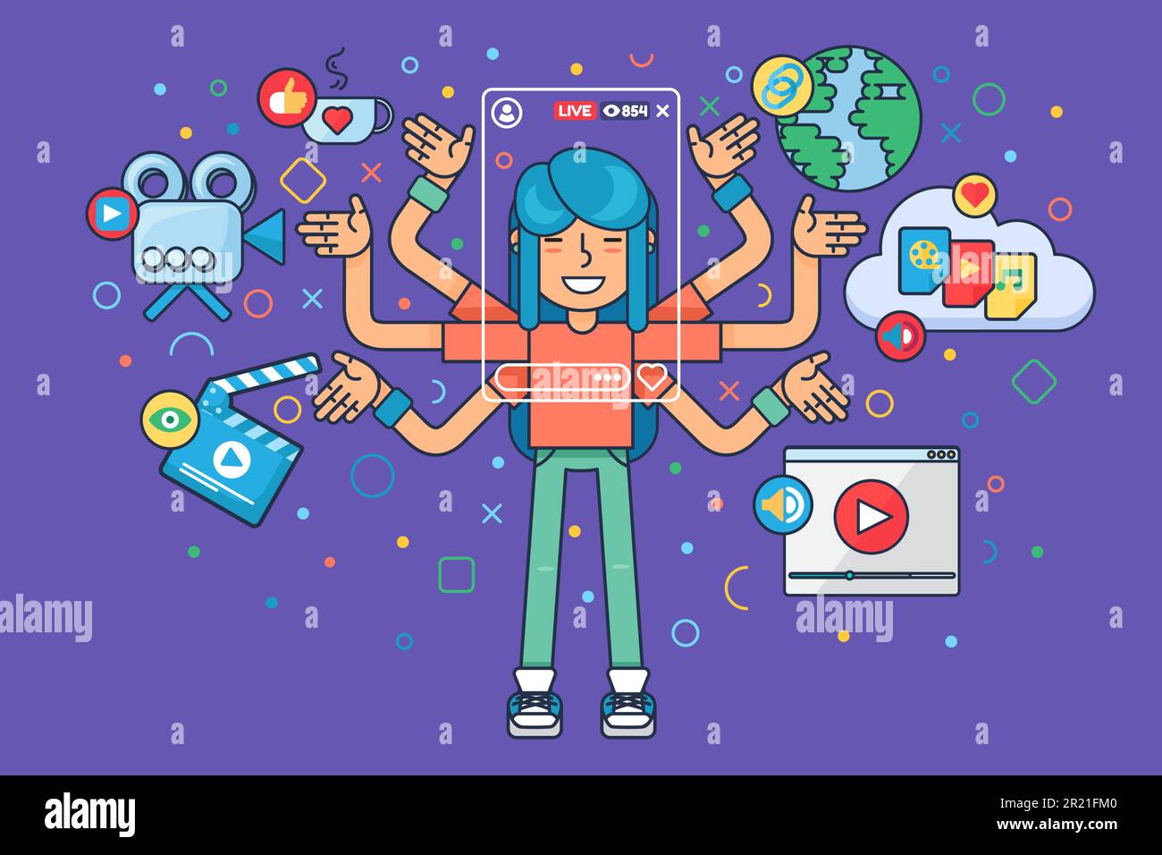 Asian female freelancer flat concept illustration. Chinese girl cartoon ...