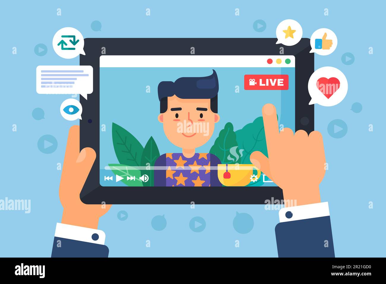 European male web streamer concept illustration. Online broadcast on ...