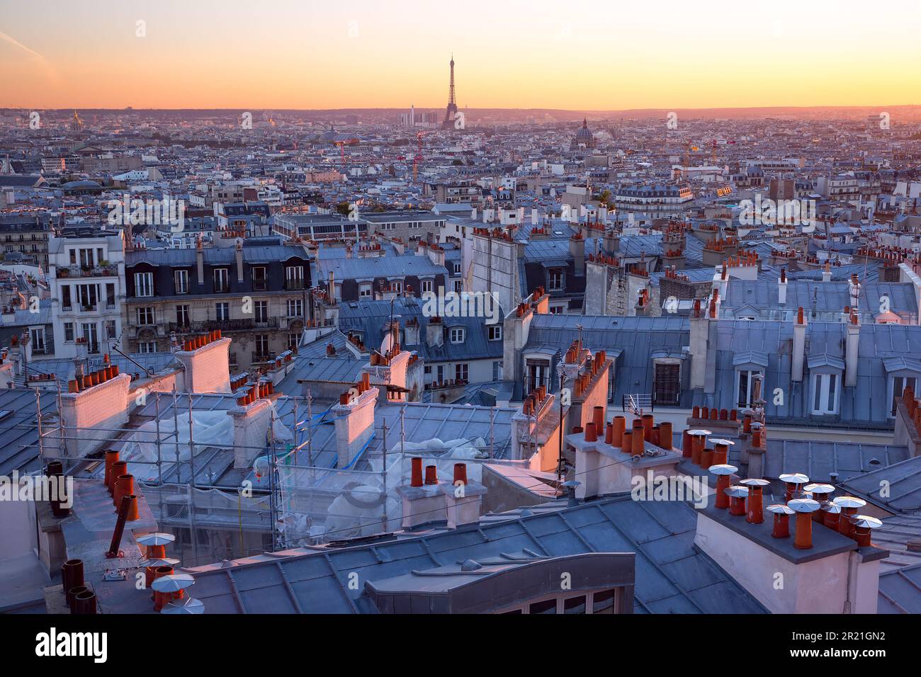 Aerial panoramic view from Montmartre over Paris roofs at nice pink ...