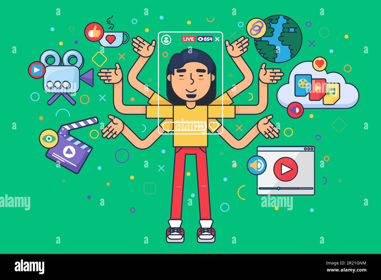 Asian male vlogger flat concept illustration. Social live stream ...
