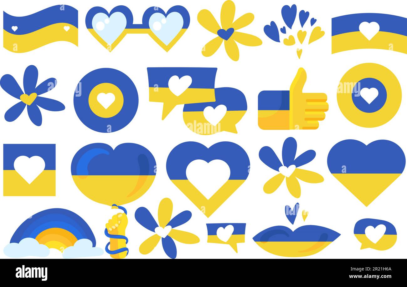 Ukraine national flag colored symbol set vector. Air balloon and heart ...