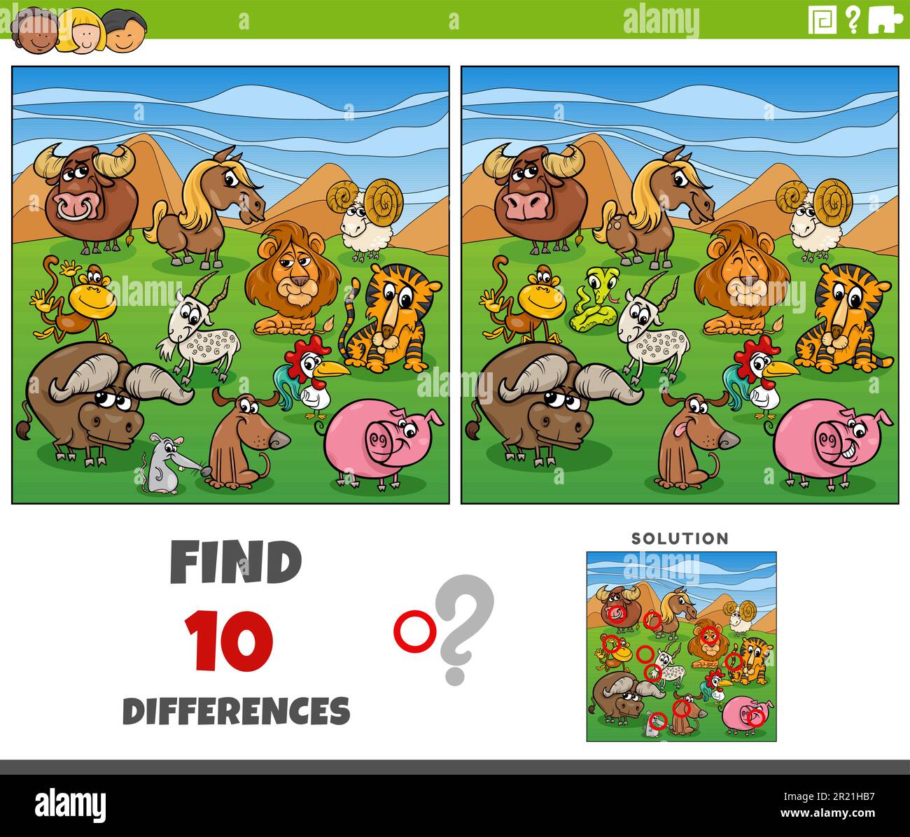 Cartoon illustration of finding the differences between pictures educational game with animal ...