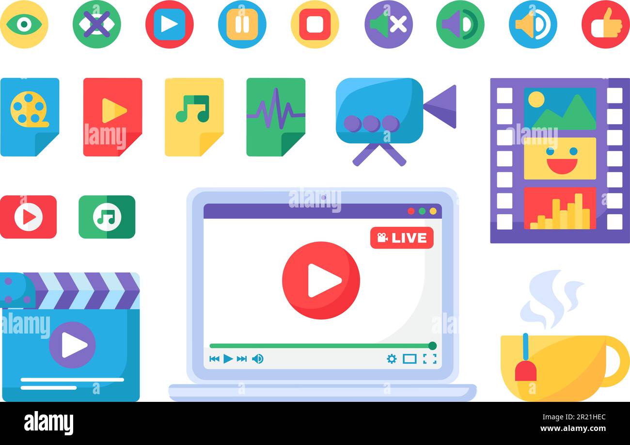 Live stream producing tools icons set. Laptop and multimedia badges ...