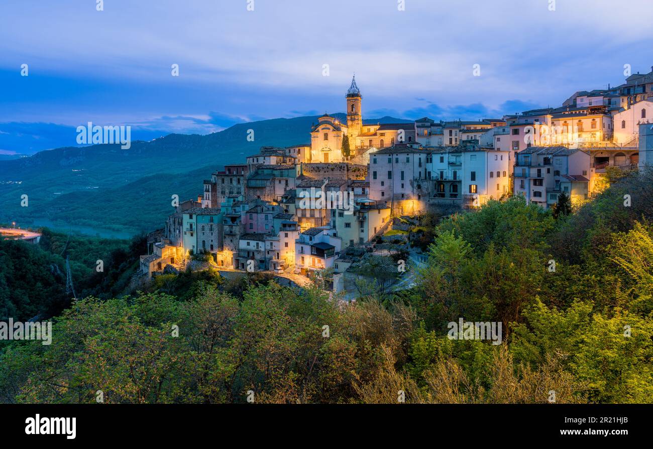 Illuminated Colledimezzo in the evening, beautiful village in Chieti ...