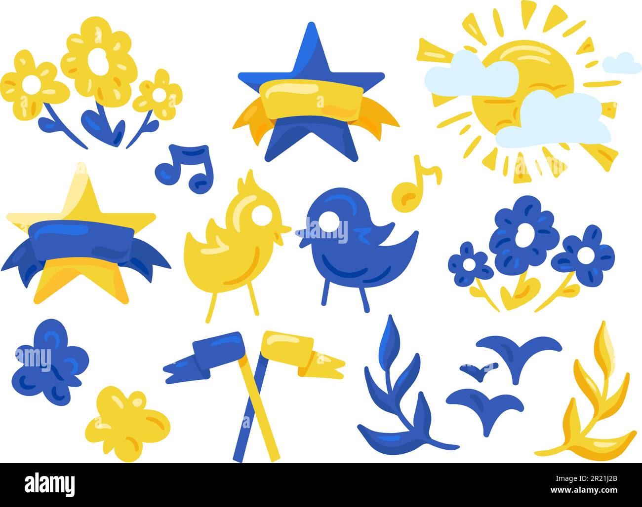 Ukraine national flag colored symbol set vector. Star and flower, bird ...