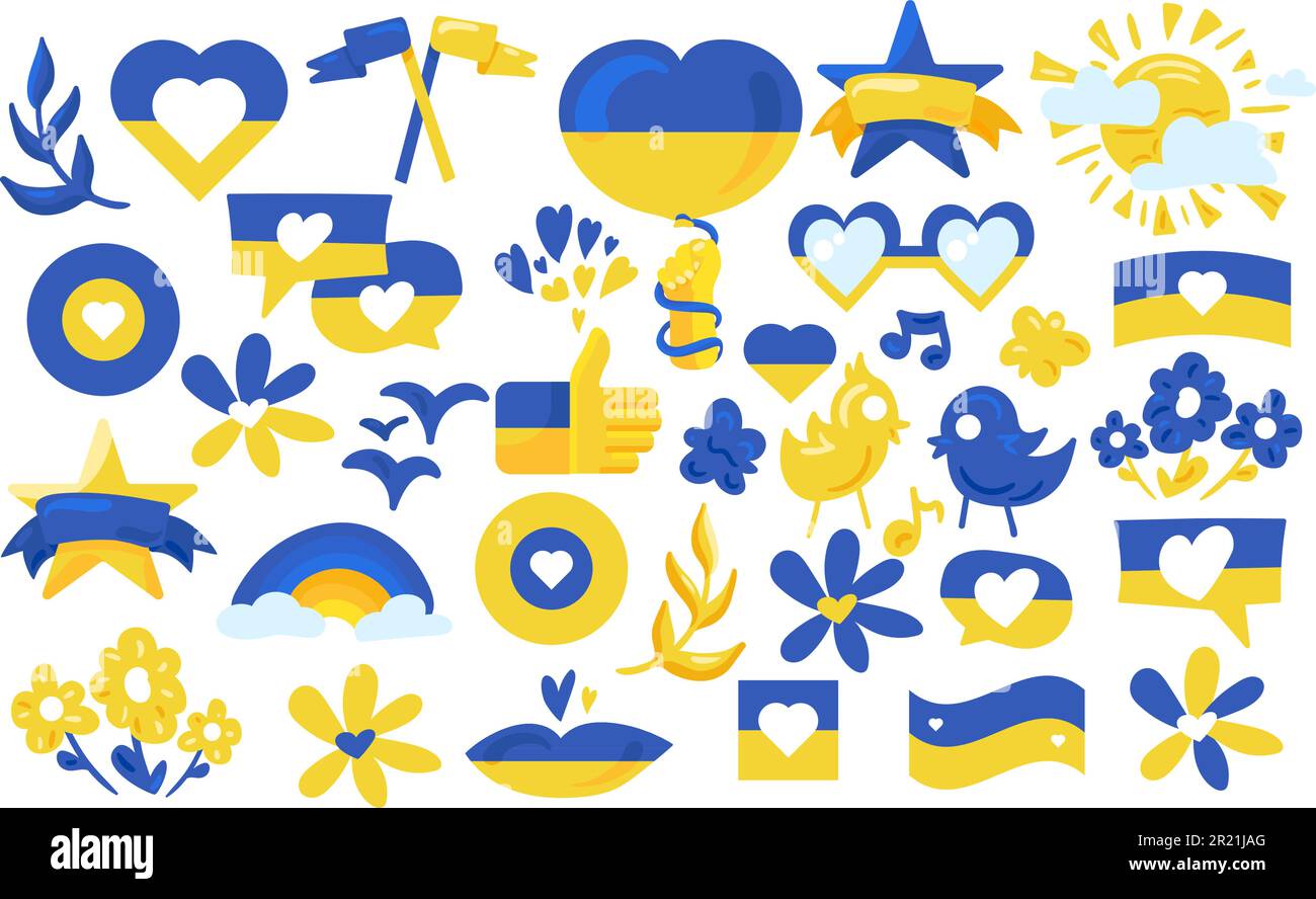 Ukraine national flag colored symbol set vector. Air balloon and heart ...
