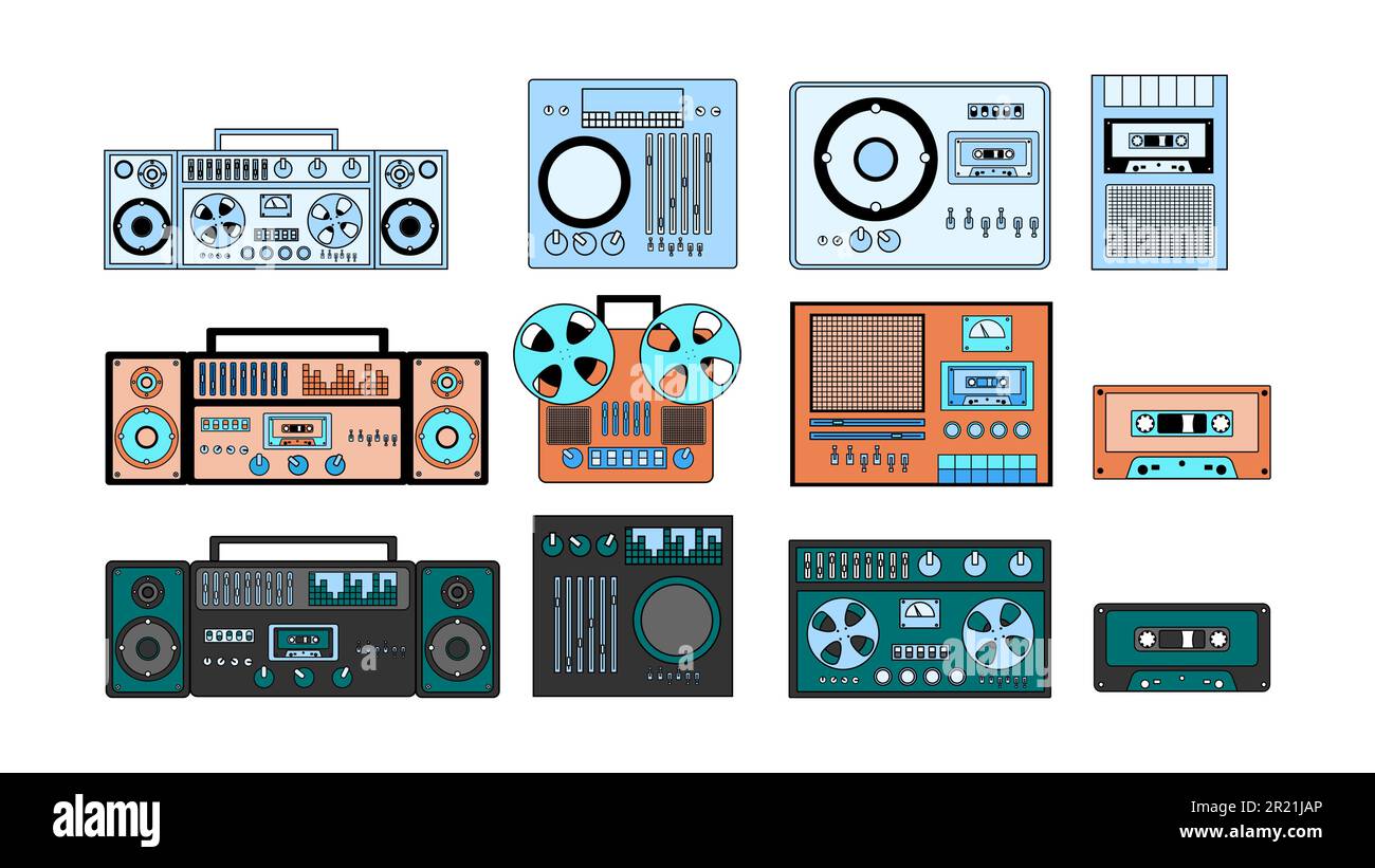 Set of bleautiful old retro vintage hipster musical electronics ...