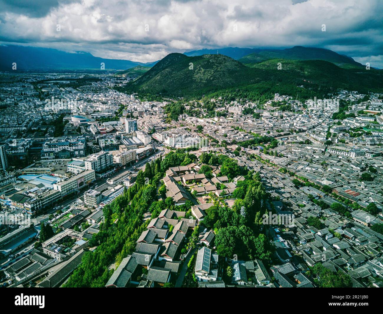 An aerial view of the historic Dayan Ancient Town in Lijiang, Yunnan ...