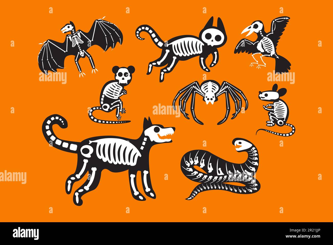 Animal skeleton halloween celebration set vector. Snake and mouse, rat ...