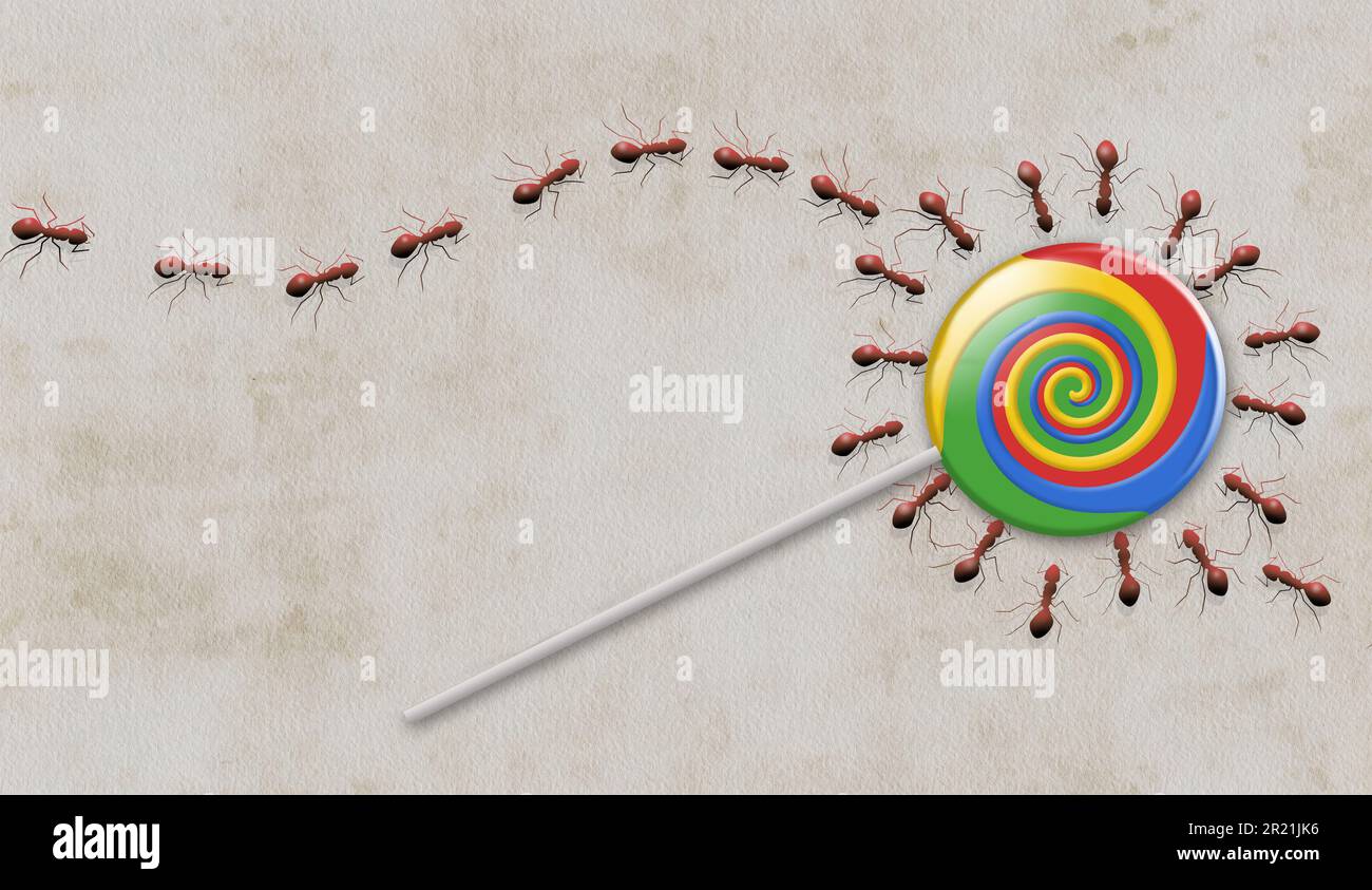 A line of ants heads for and encircles a colorful lollipop sucker that ...