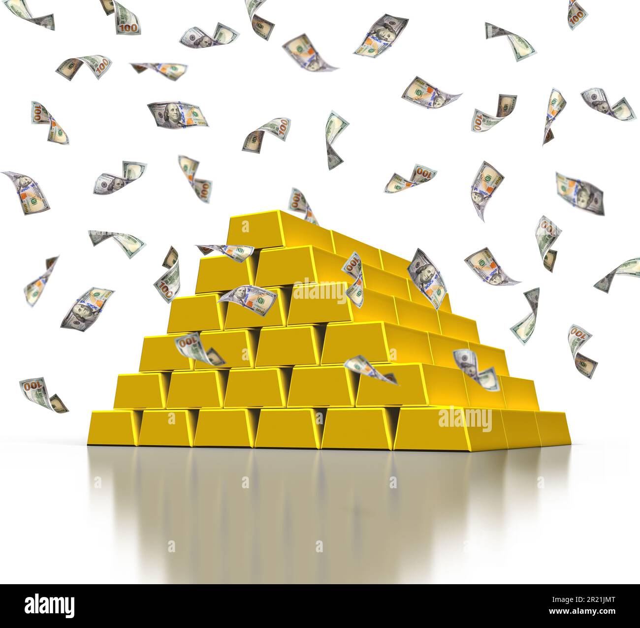 stacks of gold ingots or golden bullion bars and falling dollar bills ...