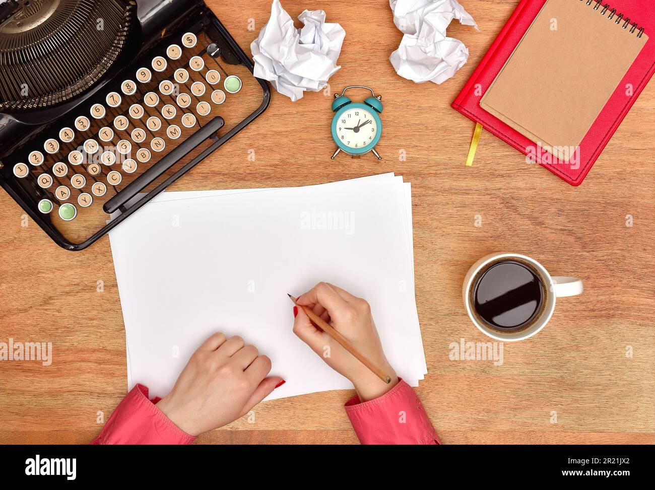 Author hands make notes in a blank page, View from above Stock Photo ...