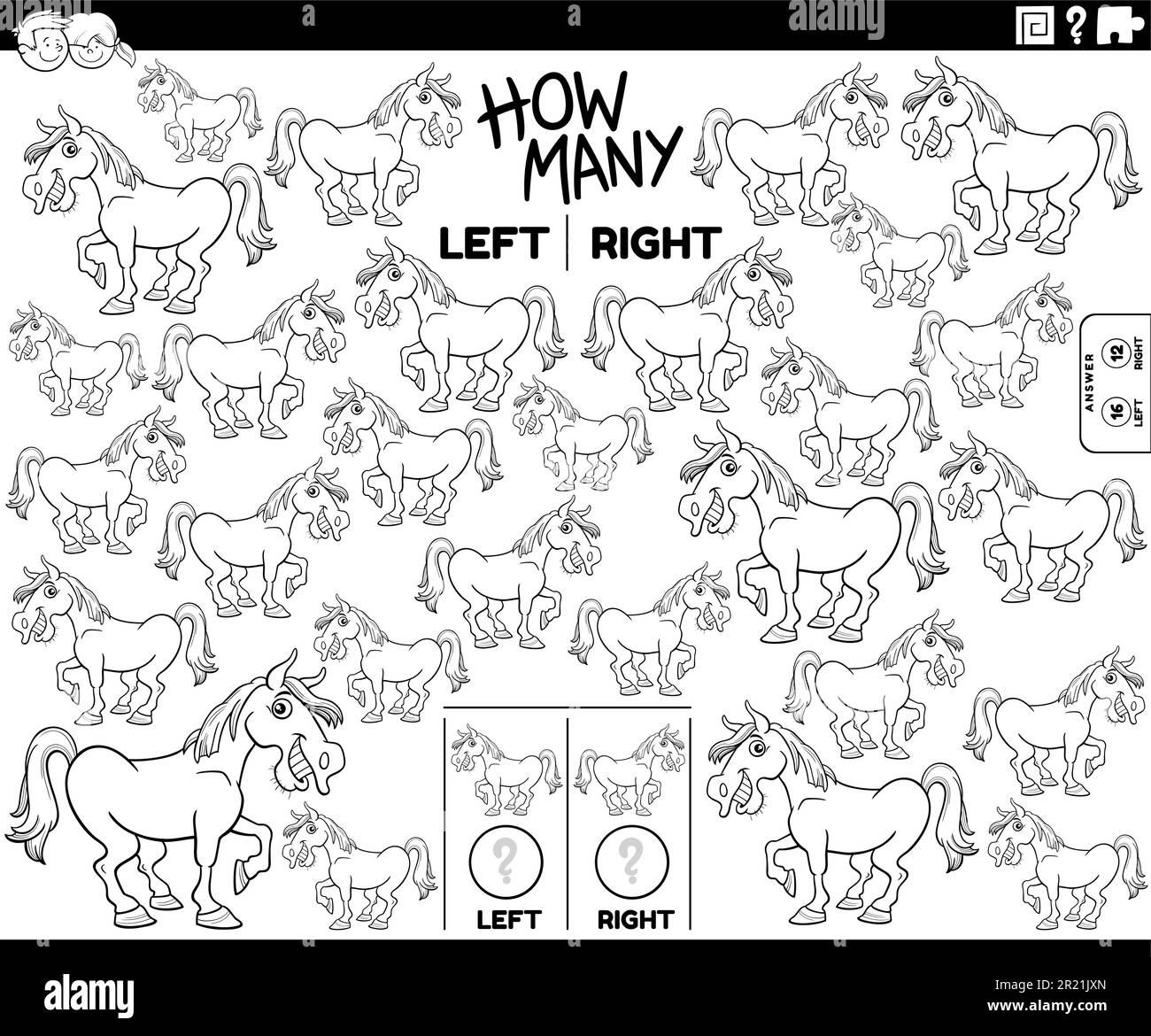 Black and white cartoon illustration of educational game of counting ...