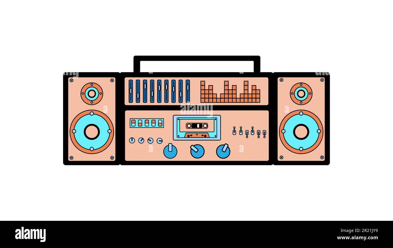 Old retro vintage music cassette tape recorder with magnetic tape on reels and speakers from the ...