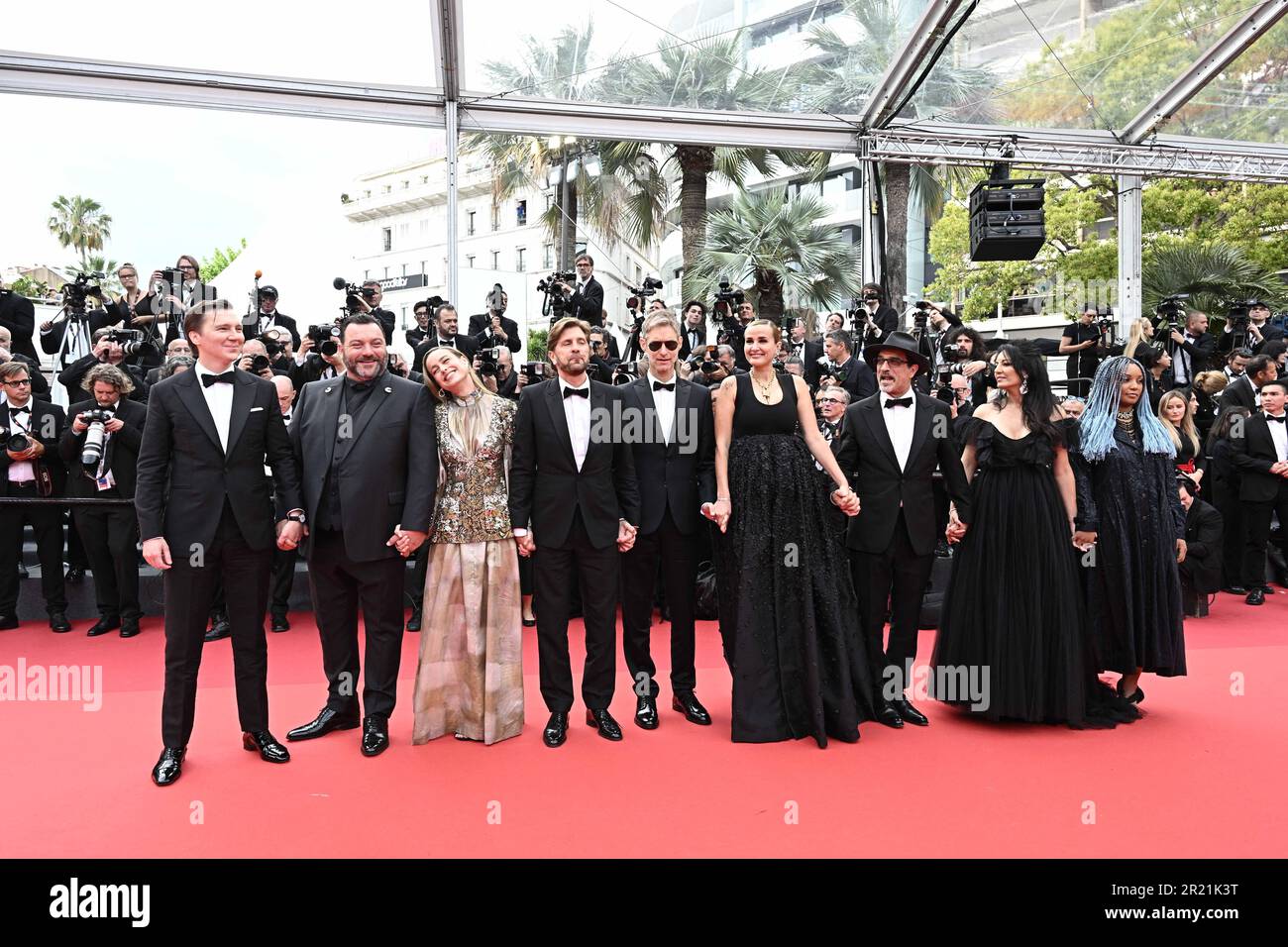 Cannes, France. 16th May, 2023. Members of the Jury Paul Dano, Denis Ménochet, Brie Larson ...