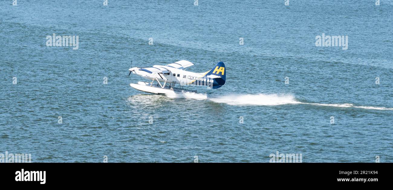 A white single-engine aircraft is seen soaring above a body of water ...