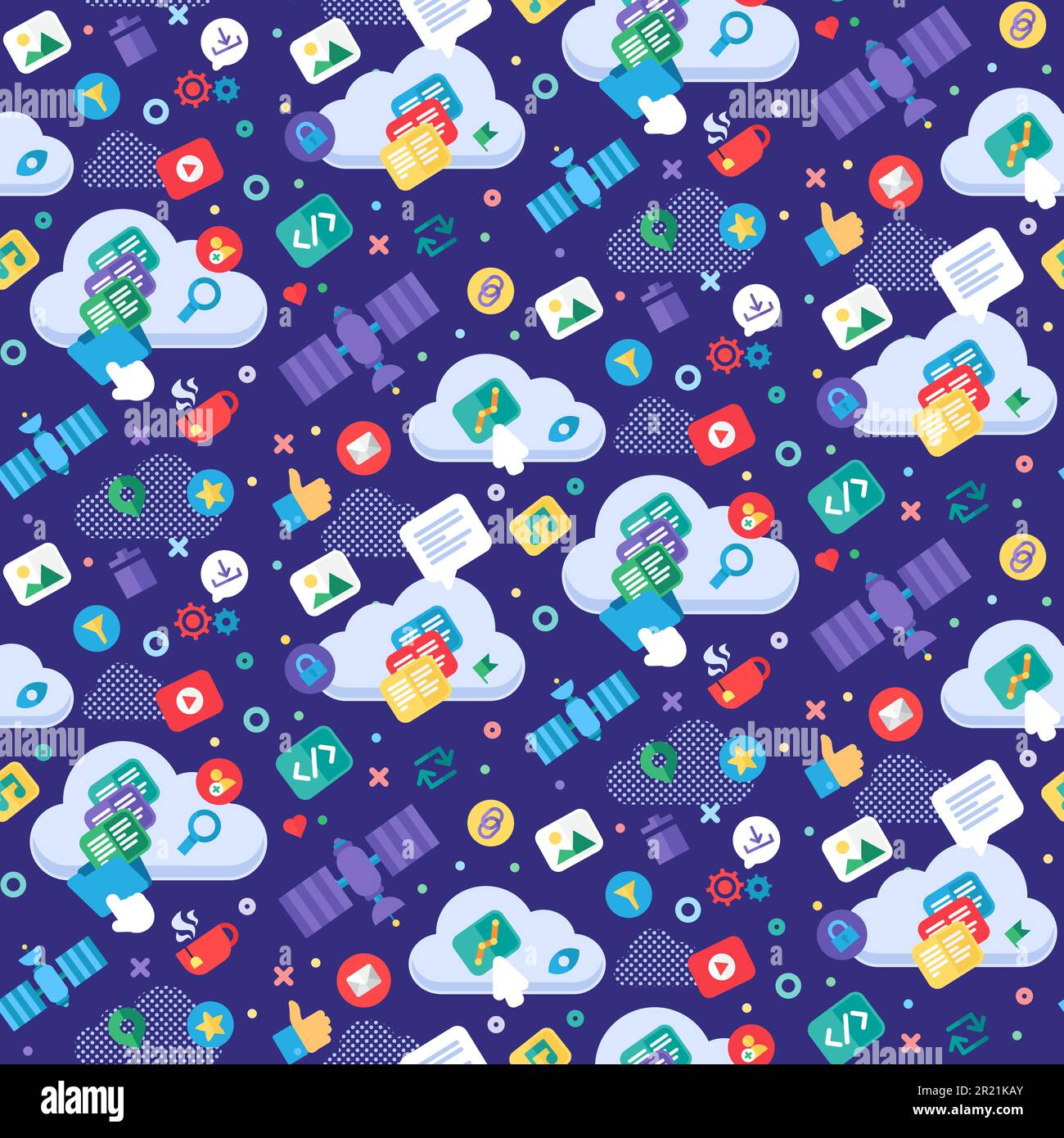 Global technology seamless pattern wallpaper template vector infographics. Cartoon flat design ...