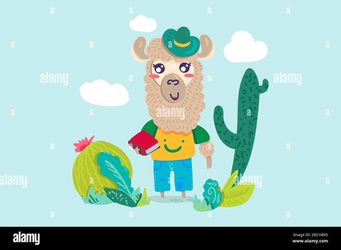 Lama hold education book for learn lesson vector. Cute and funny happy animal student holding ...