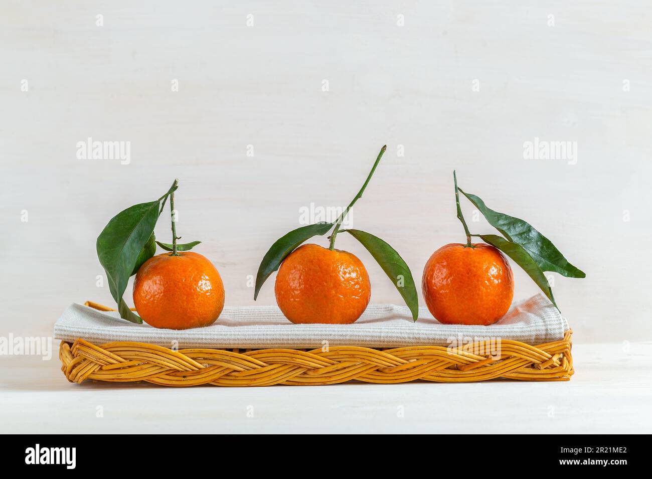 A still life of three fresh tangerines, front view, side by side, in a ...