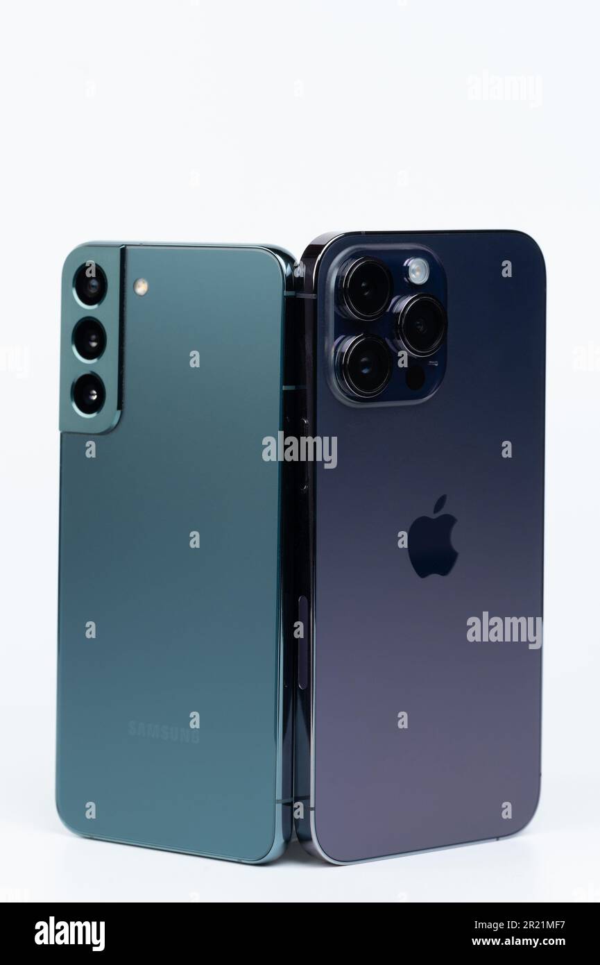 New york, USA - May 14, 2023: Smarphone compare Iphone and Samsung of ...