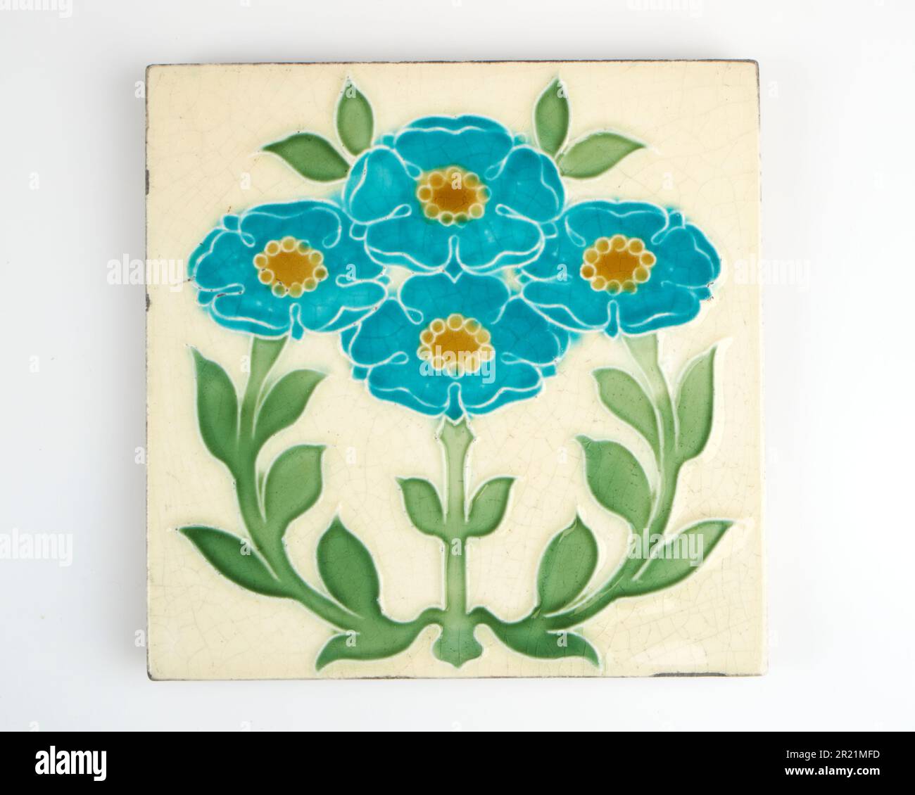 Antique 1900s Minton Art Nouveau four blue flower pottery tile Stock ...