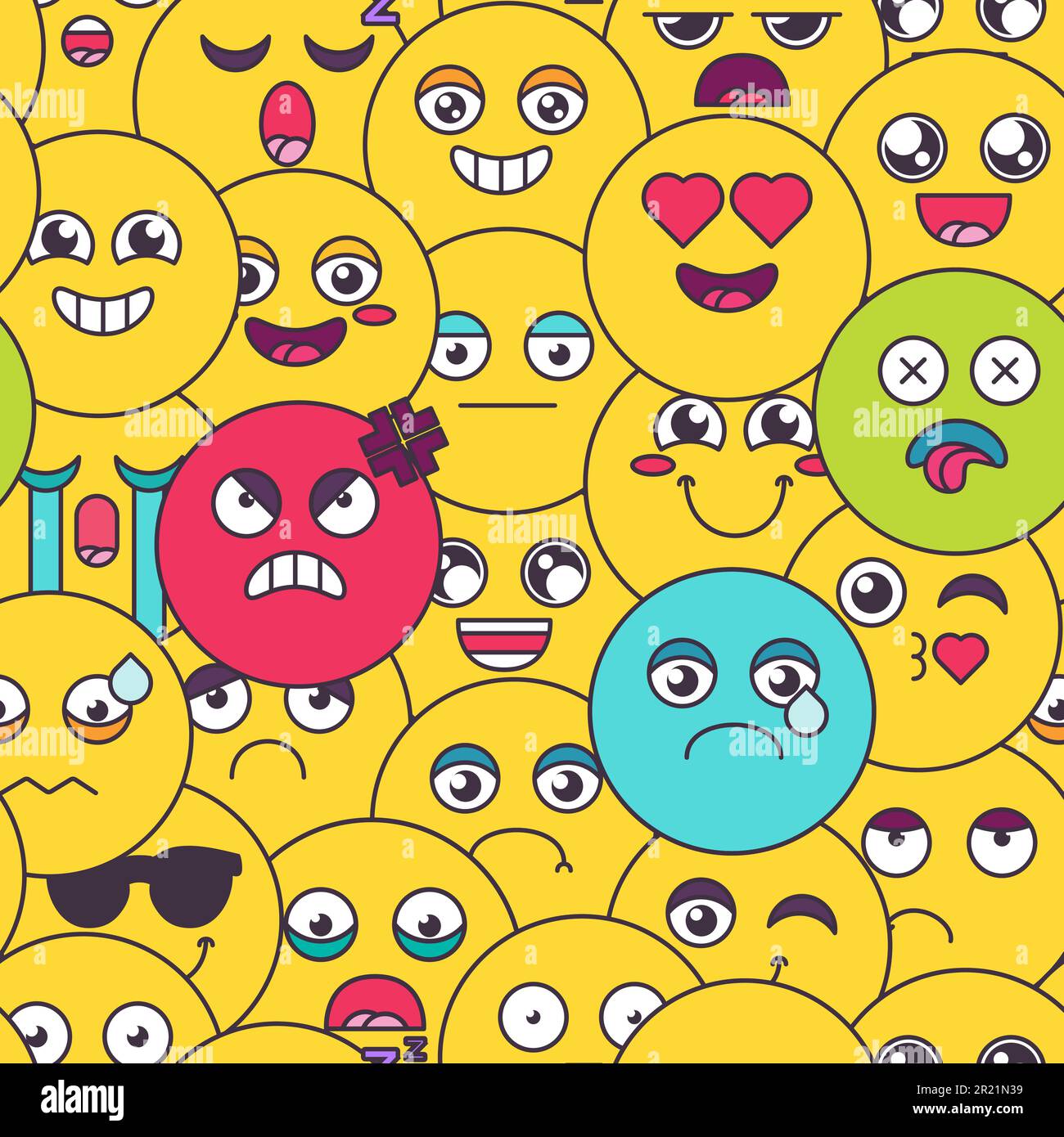 Comic cute emoji emotion seamless pattern vector. Emoticon smile angry ...