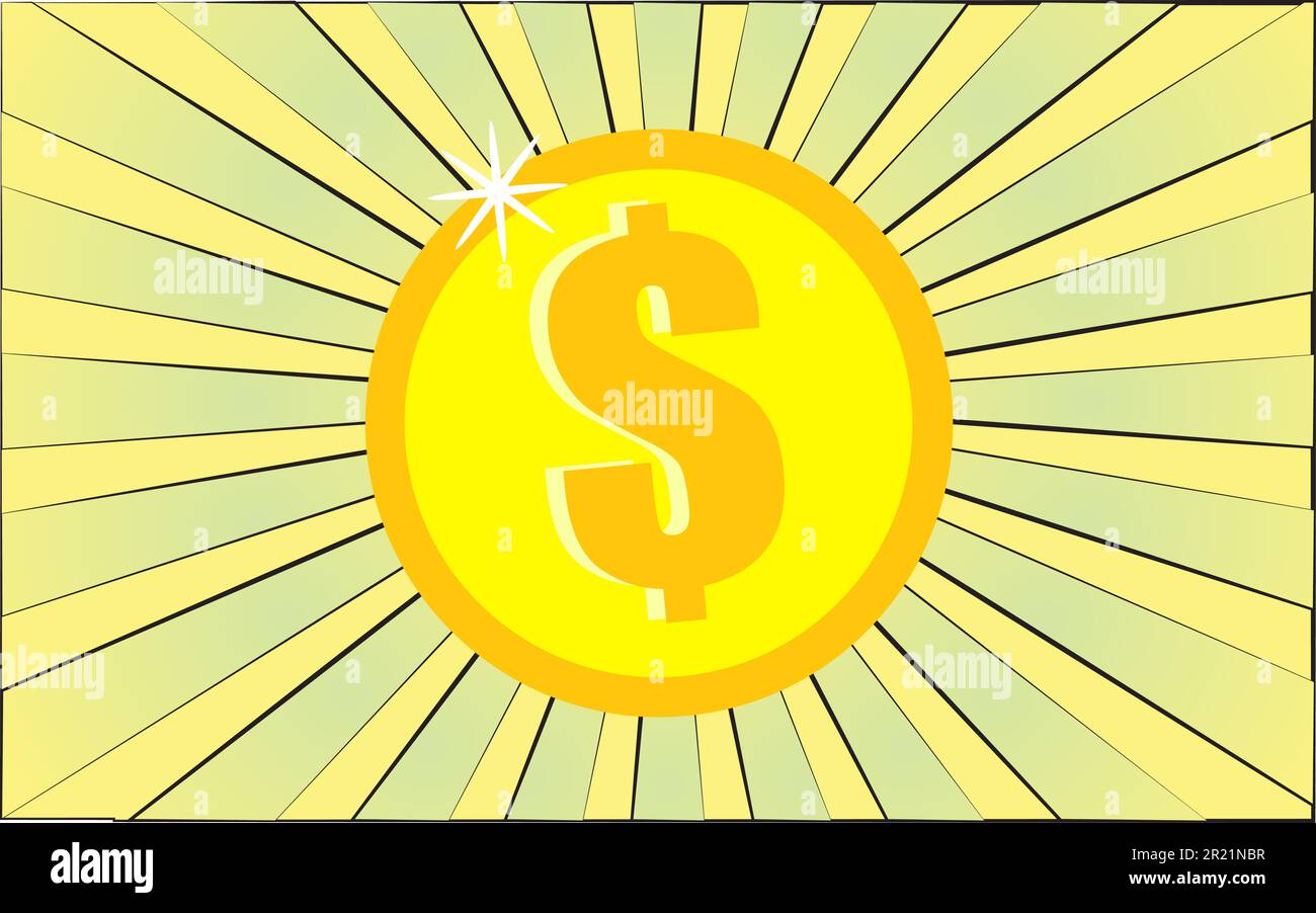 Golden round big dollar money coin on a background of abstract yellow ...