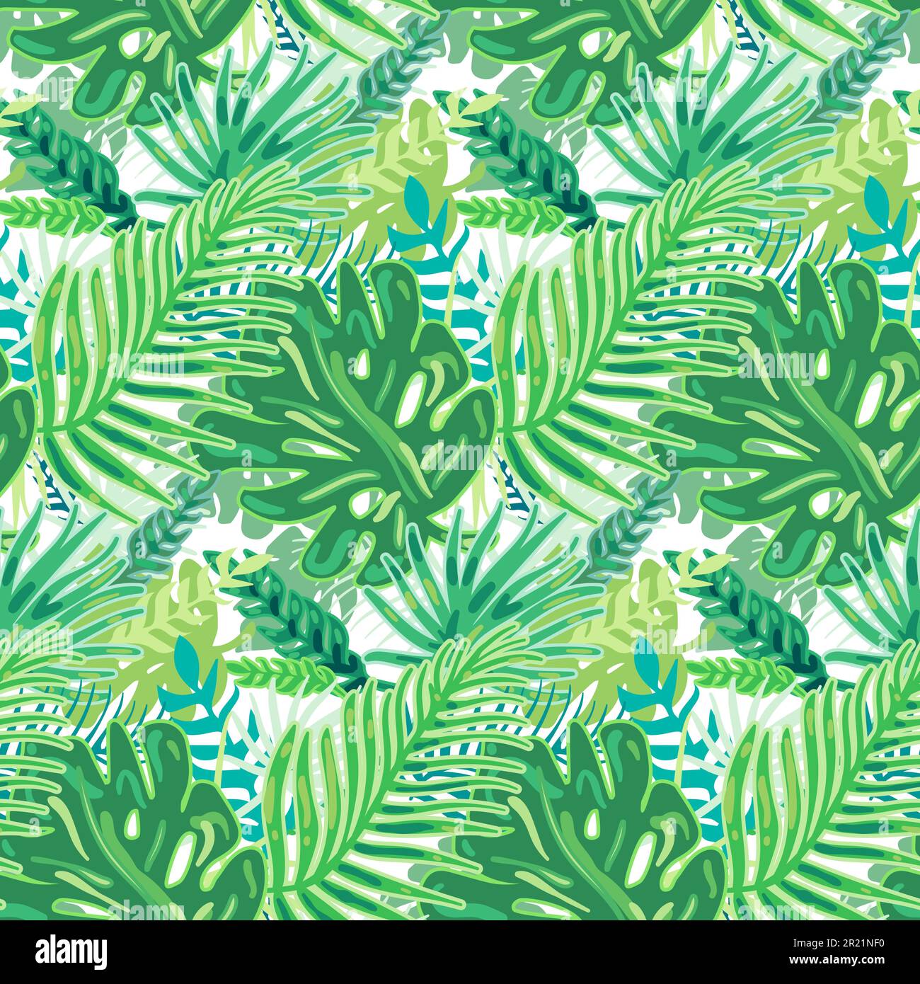 Tropical green plants seamless pattern with date palm leaves, ferns and monstera. Leaves and ...