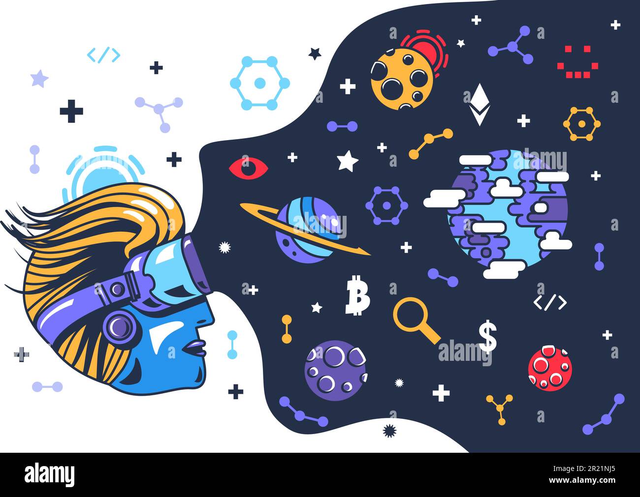 Human watching space in vr glasses gadget vector. Man watch and ...