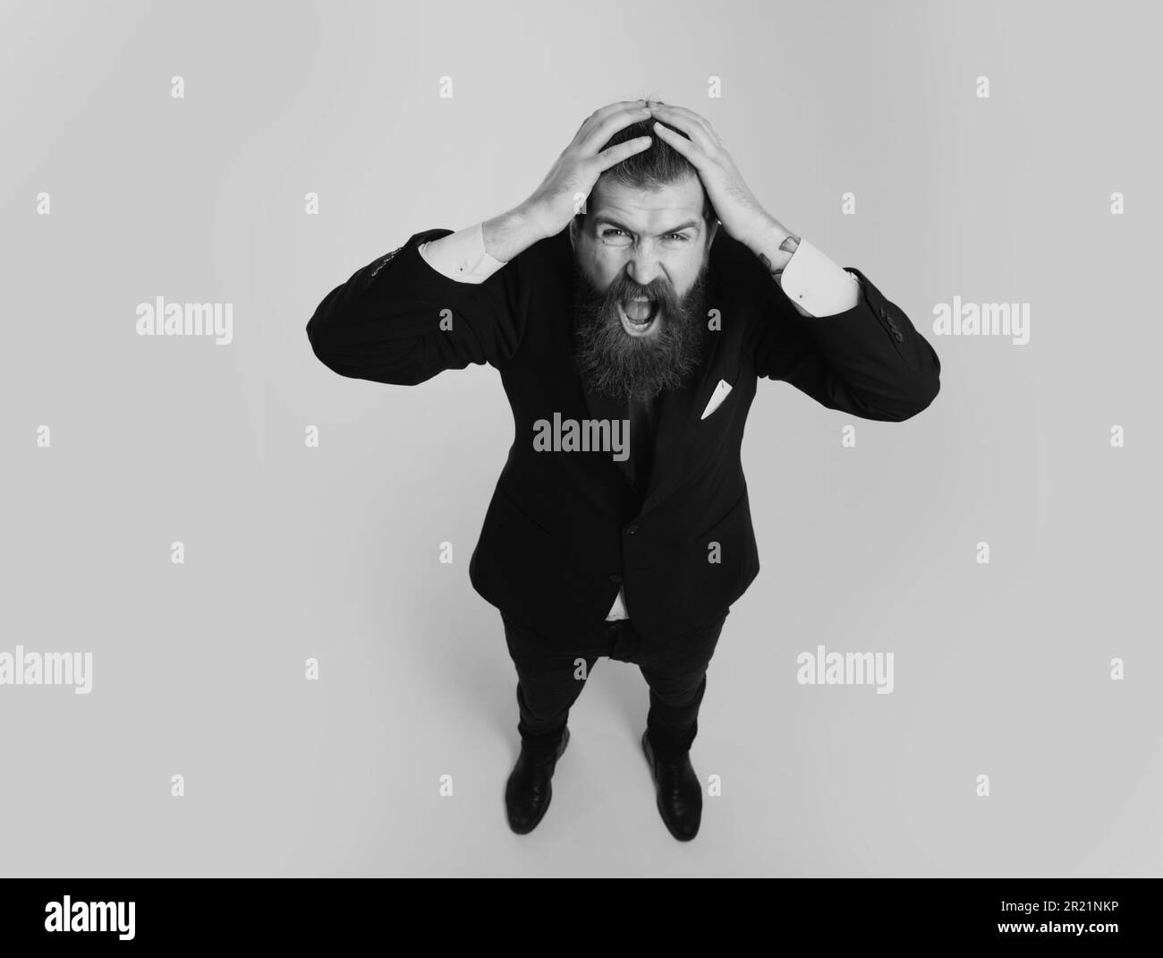 Business management. Scared shocked with surprised face, scared and ...