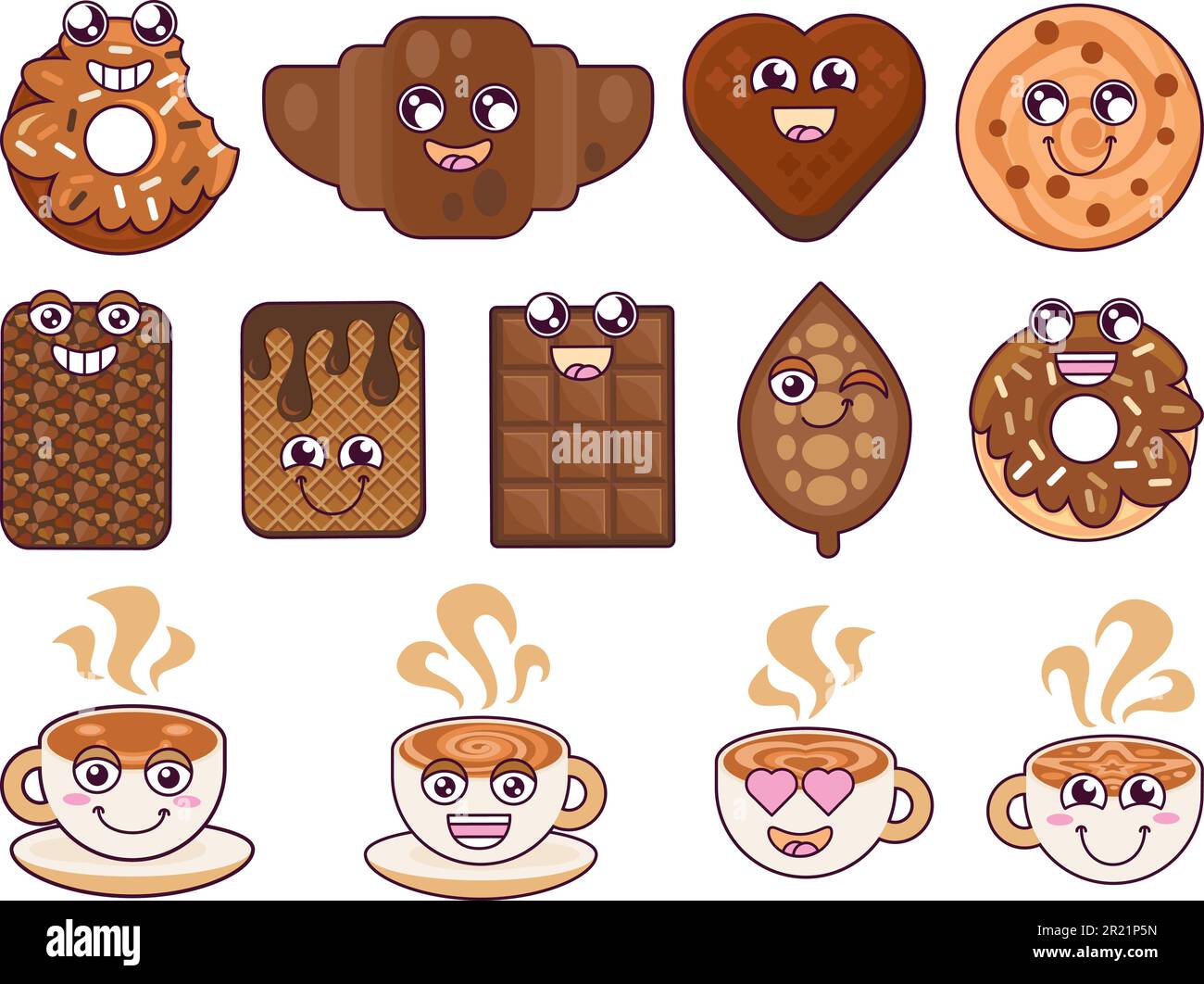 Collection of smiled coffee cups with creamy foam, chocolate glazed ...
