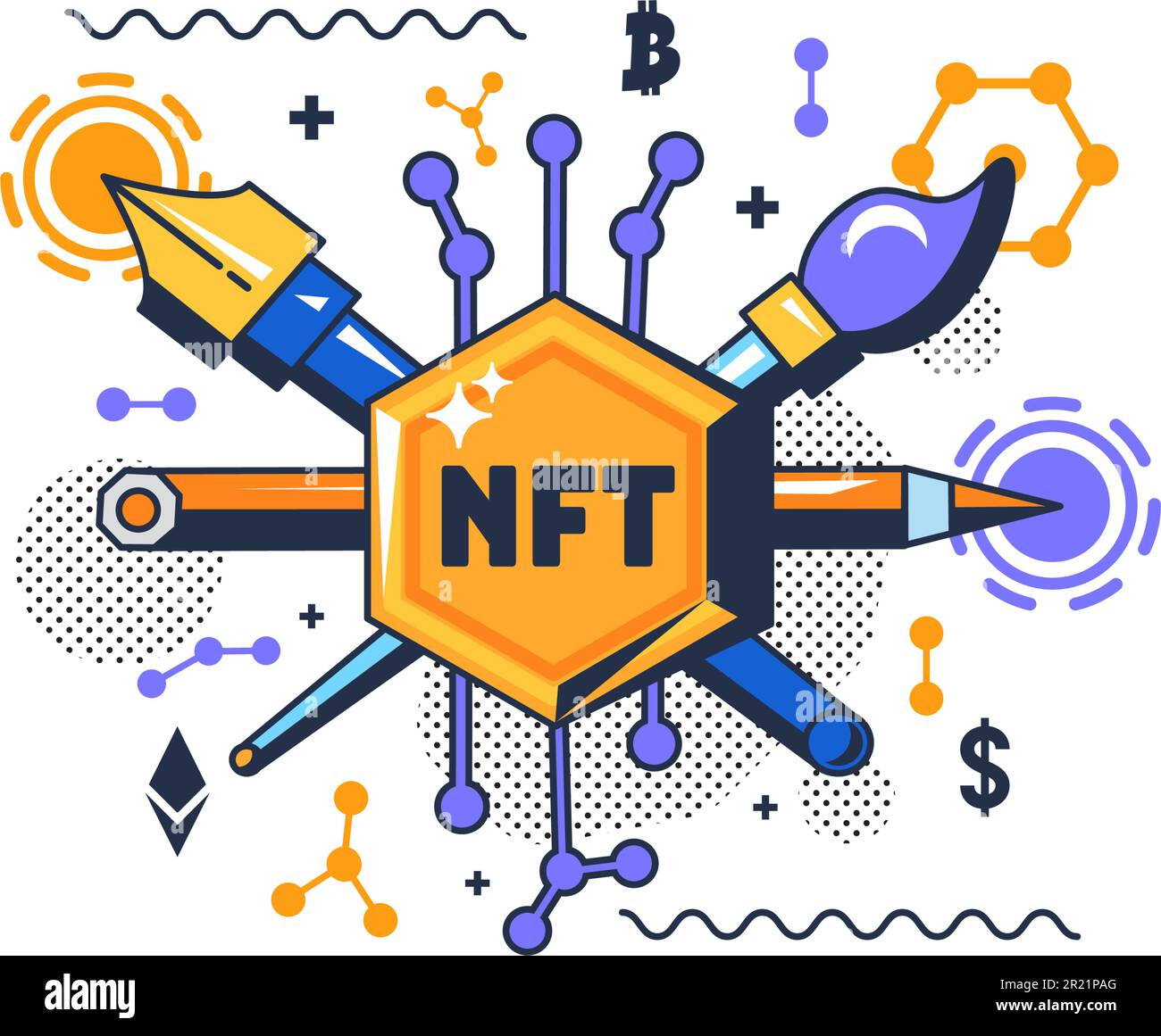 Nft tart digital technology blockchain vector. Retro pen and pencil for ...