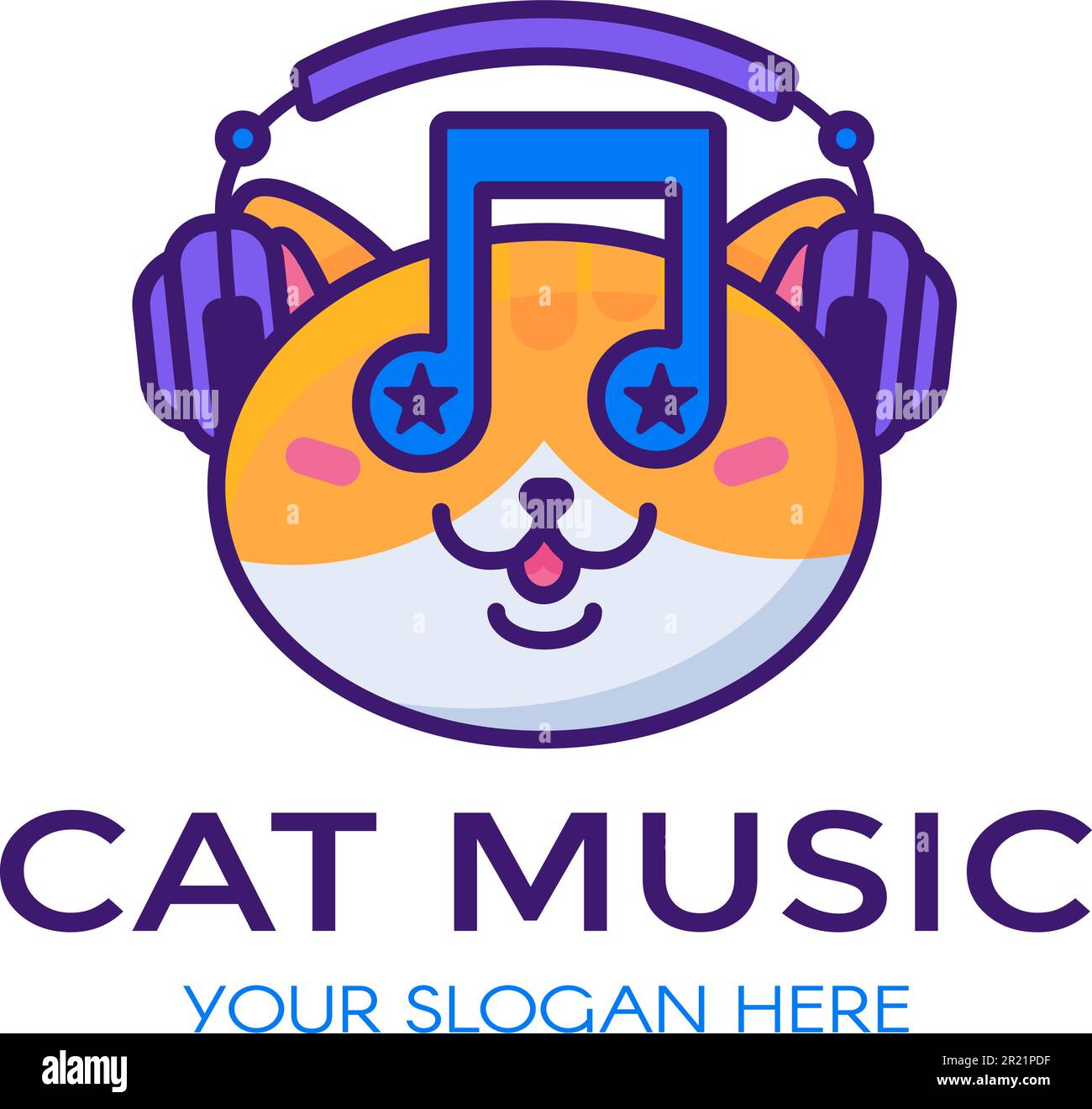 Logo of cute ginger DJ cat in Head Phones. Symbol emblem for design ...