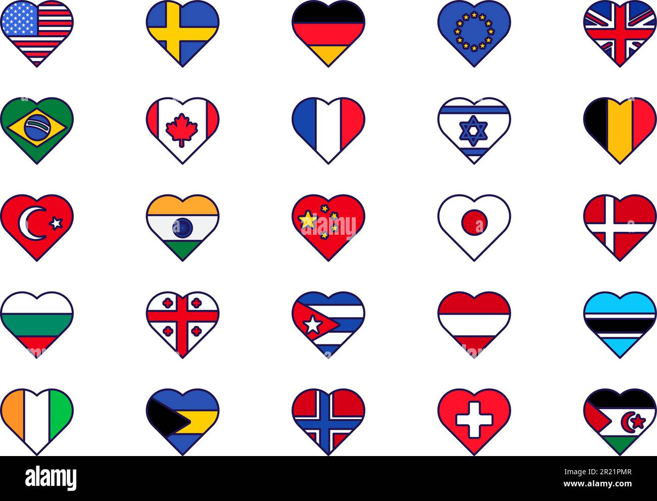 Countries flag in heart shape icon set vector. Usa and france, georgia ...