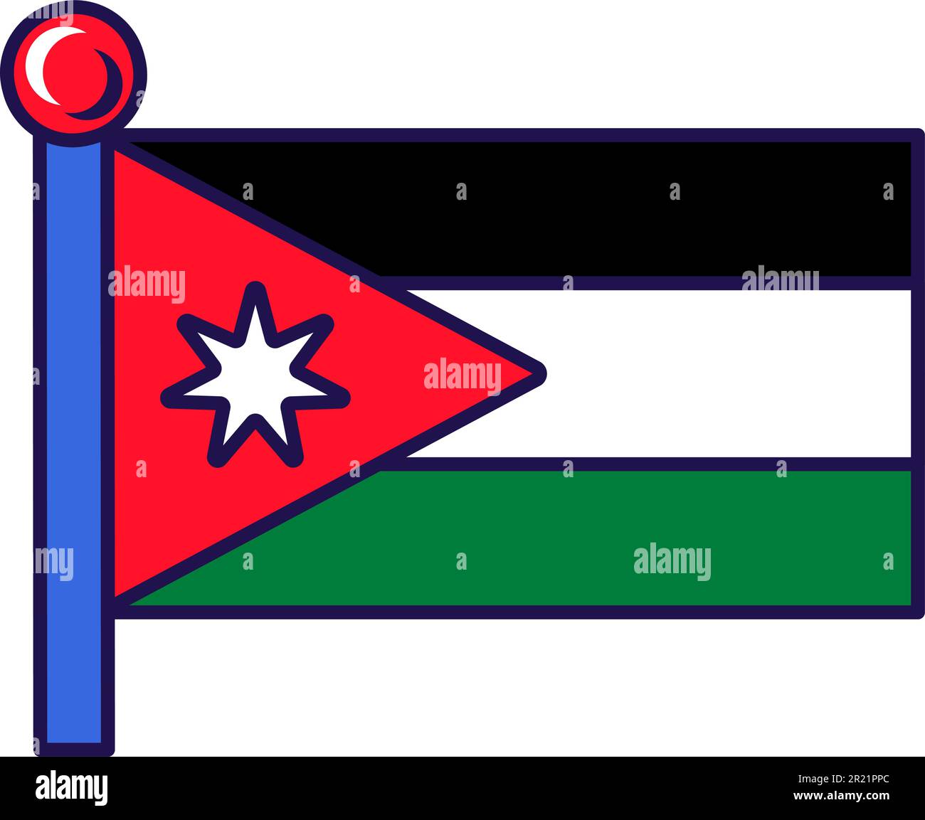 Jordan Arabian Country Flag On Flagstaff Vector Horizontal Triband Of