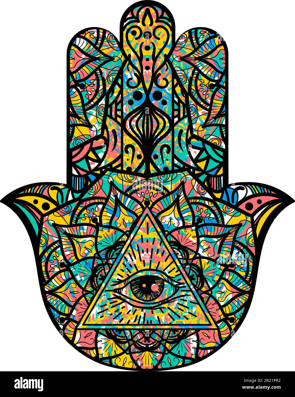 Hamsa symbol all seeing Eye inside human palm decorated with mystical ...