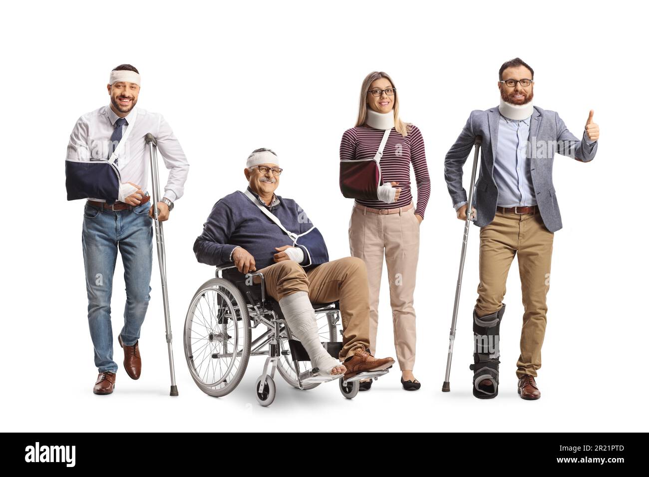 Group of injured people with crutches and a wheelchair isolated on ...