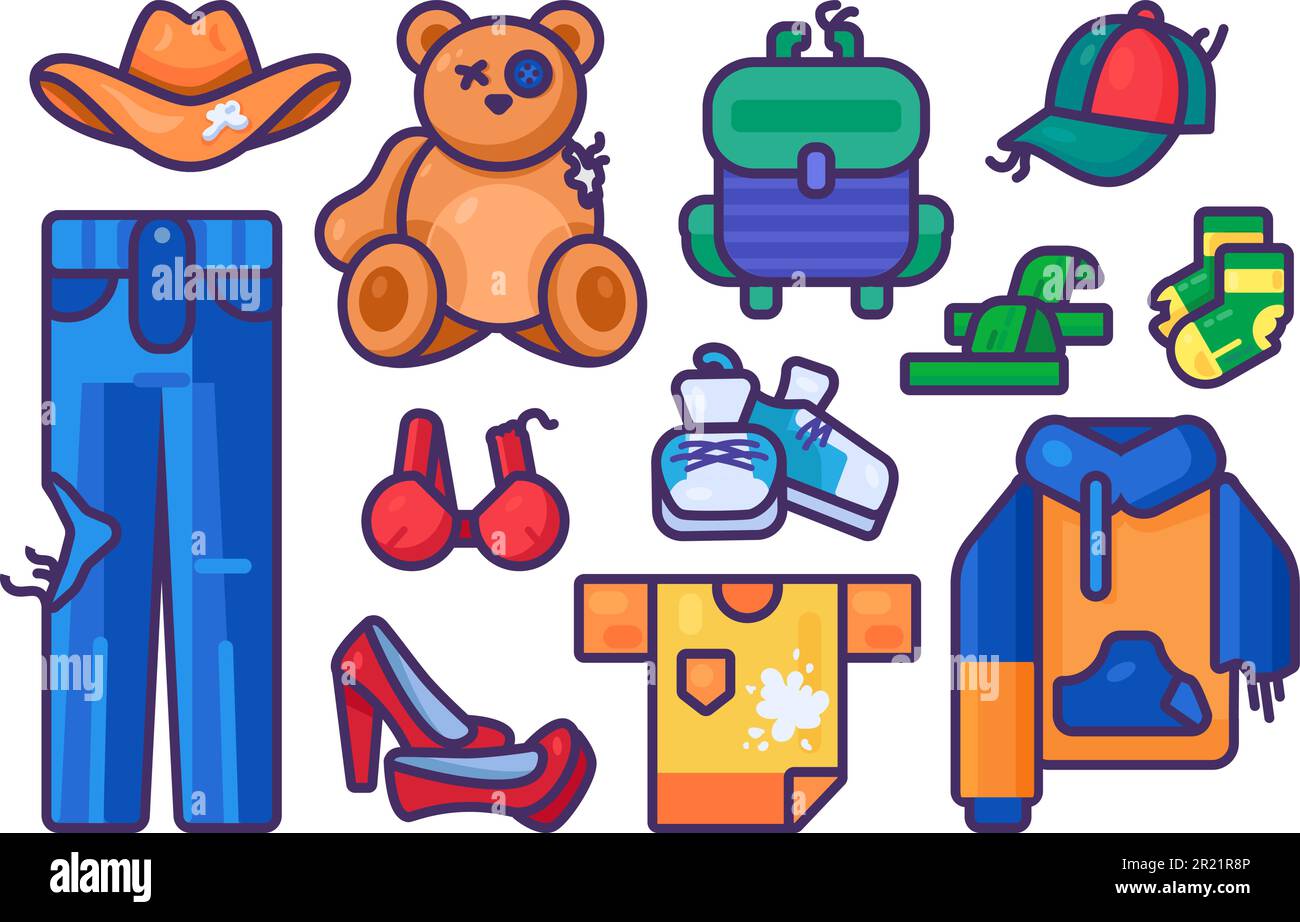 Set of worn holey unwanted textile Objects. Items out of use and ...