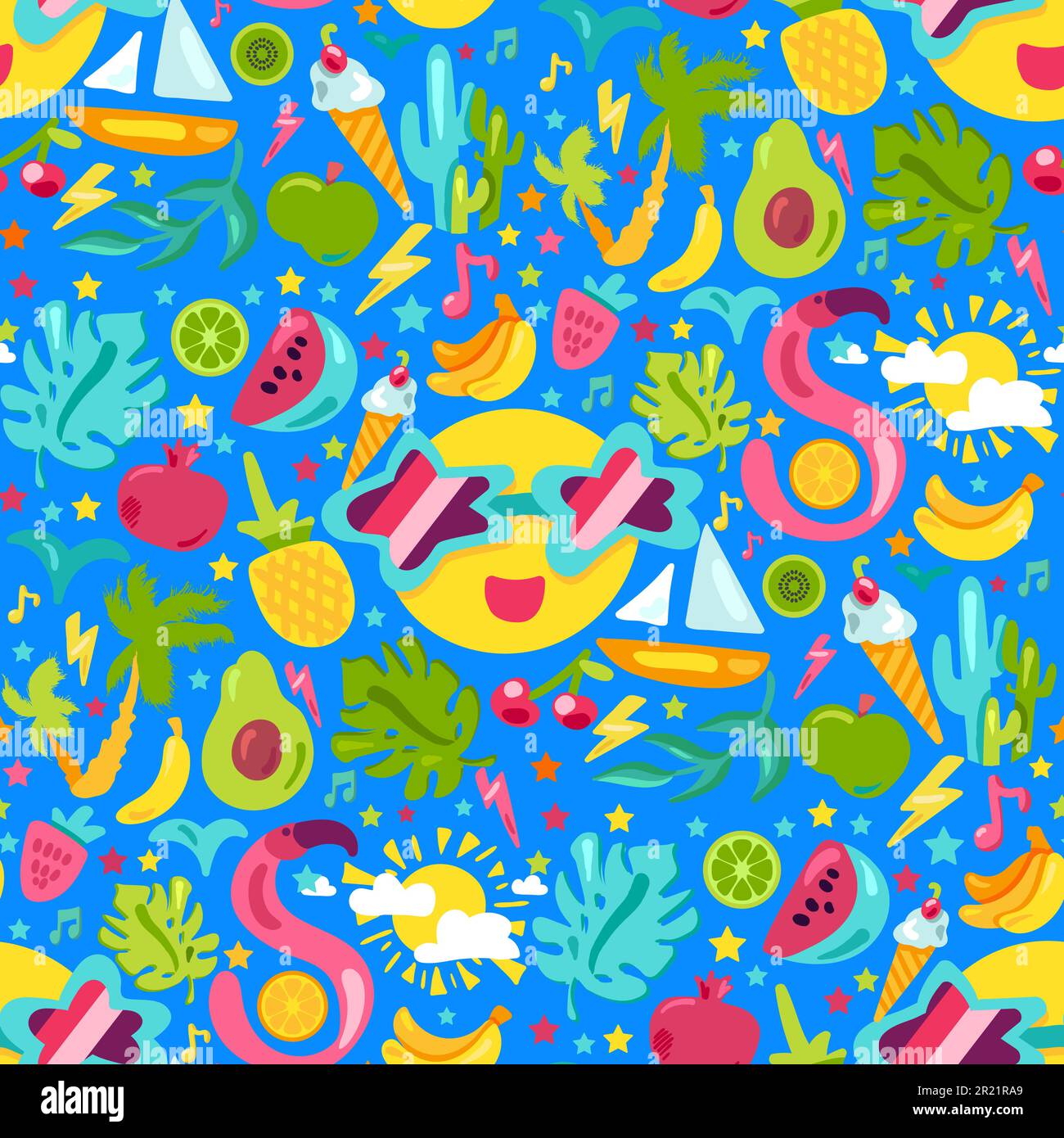 Tropical summer vacation seamless pattern vector. Funny smile wearing ...