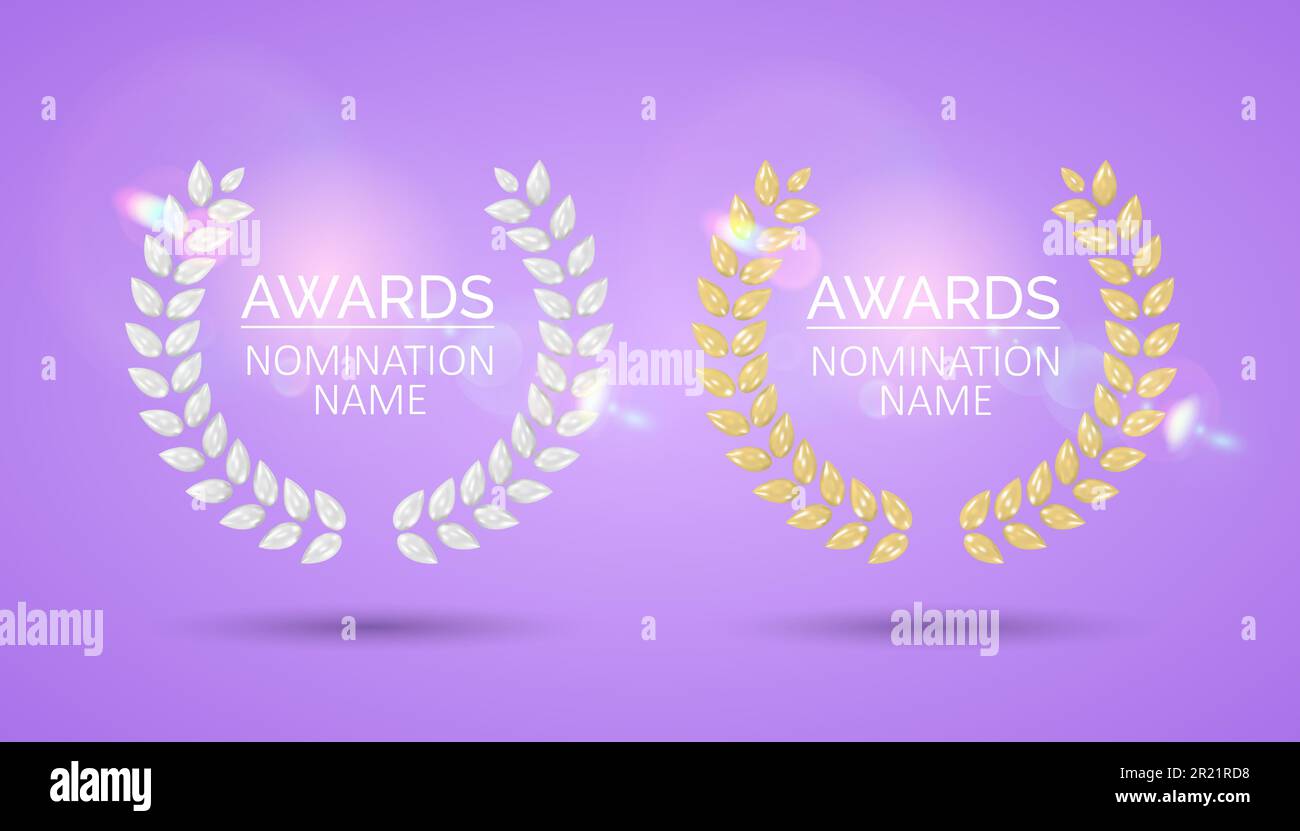 Laurel wreaths. Gold and silver 3D awards set. First and second place ...