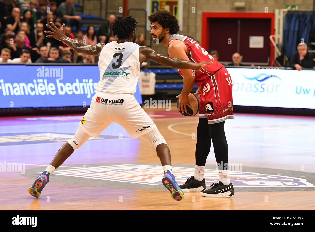 Hasselt, Belgium. 16th May, 2023. Limburg's Myles Cale and Antwerp's ...