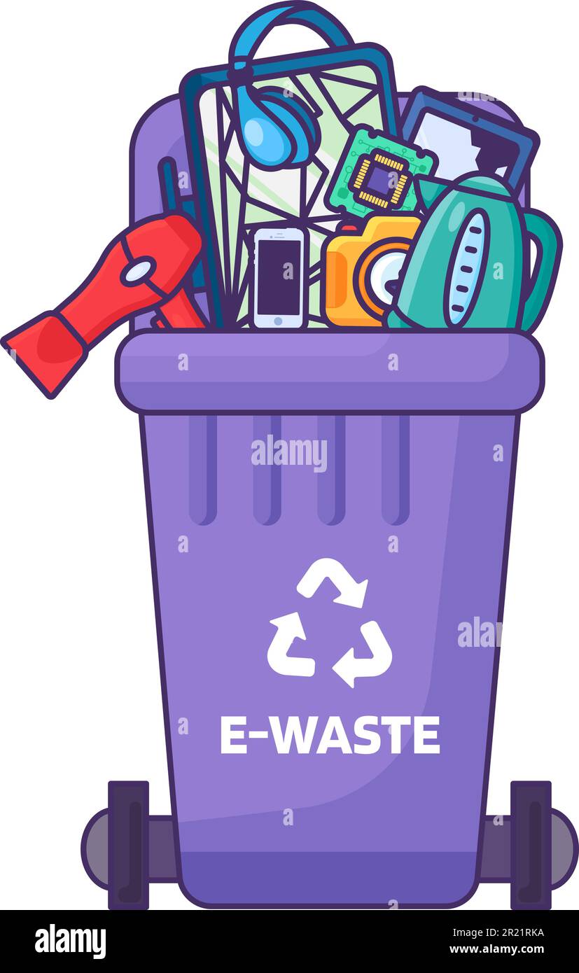 Opened fulled container with lid for storing, recycling and sorting used household e-waste ...
