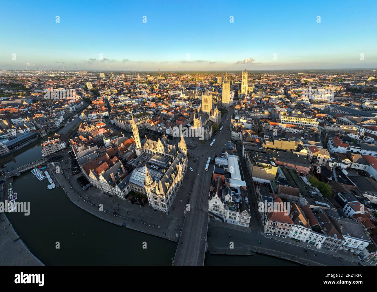 Ghent Belgium Aerial Flying over downtown area with church cityscape ...