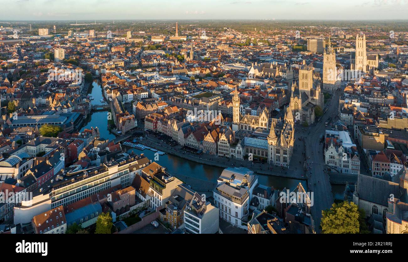 Ghent Belgium Aerial Flying over downtown area with church cityscape ...